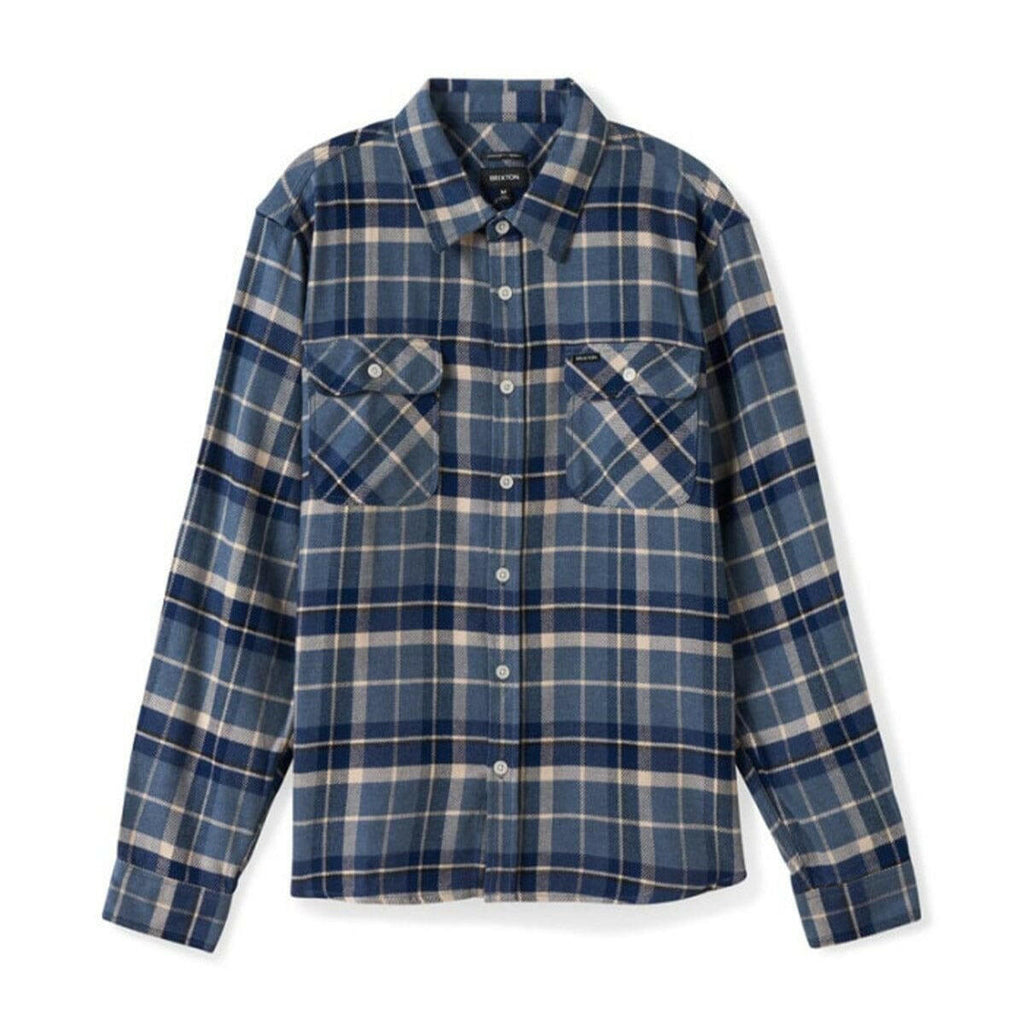 Brixton Bowery Flannel In Flint Blue, Twilight Blue, & Beige