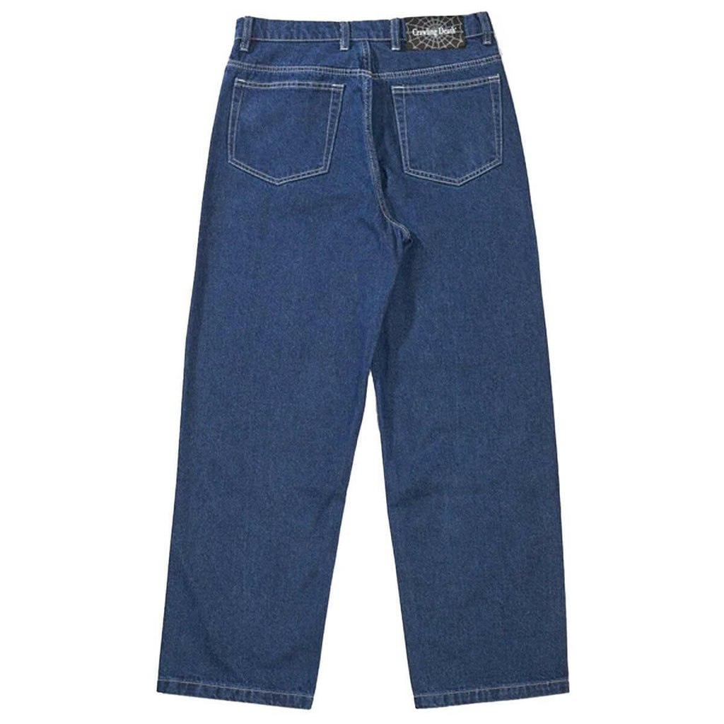 Crawling Death Web Denim Jeans in Blue - Shop Now
