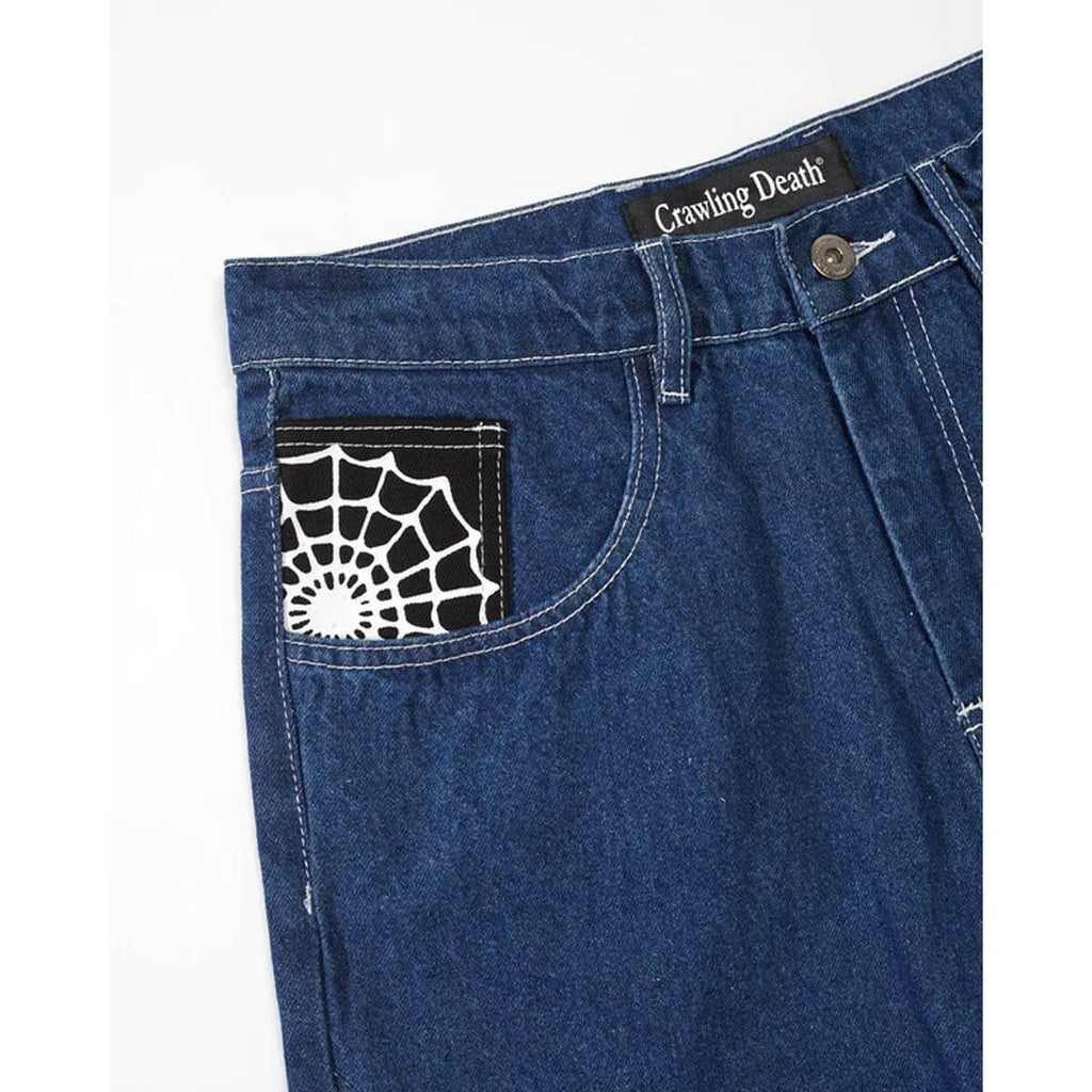 Crawling Death Web Denim Jeans in Blue - Shop Now