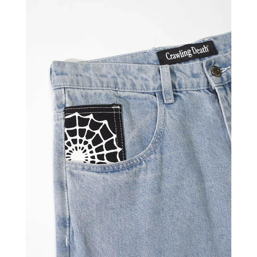 Crawling Death Web Denim Jeans in Light Blue - Get Yours