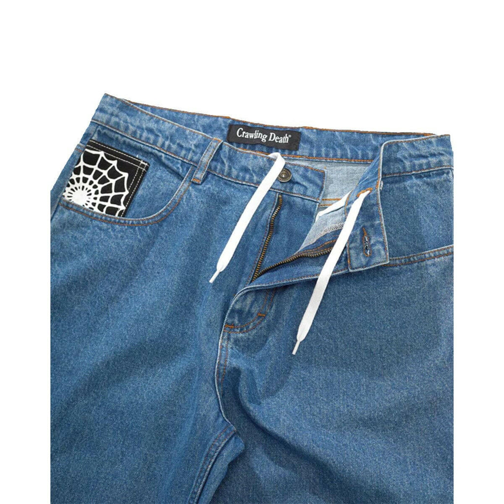 Crawling Death Web Denim Jeans in Mid Blue - Get Yours