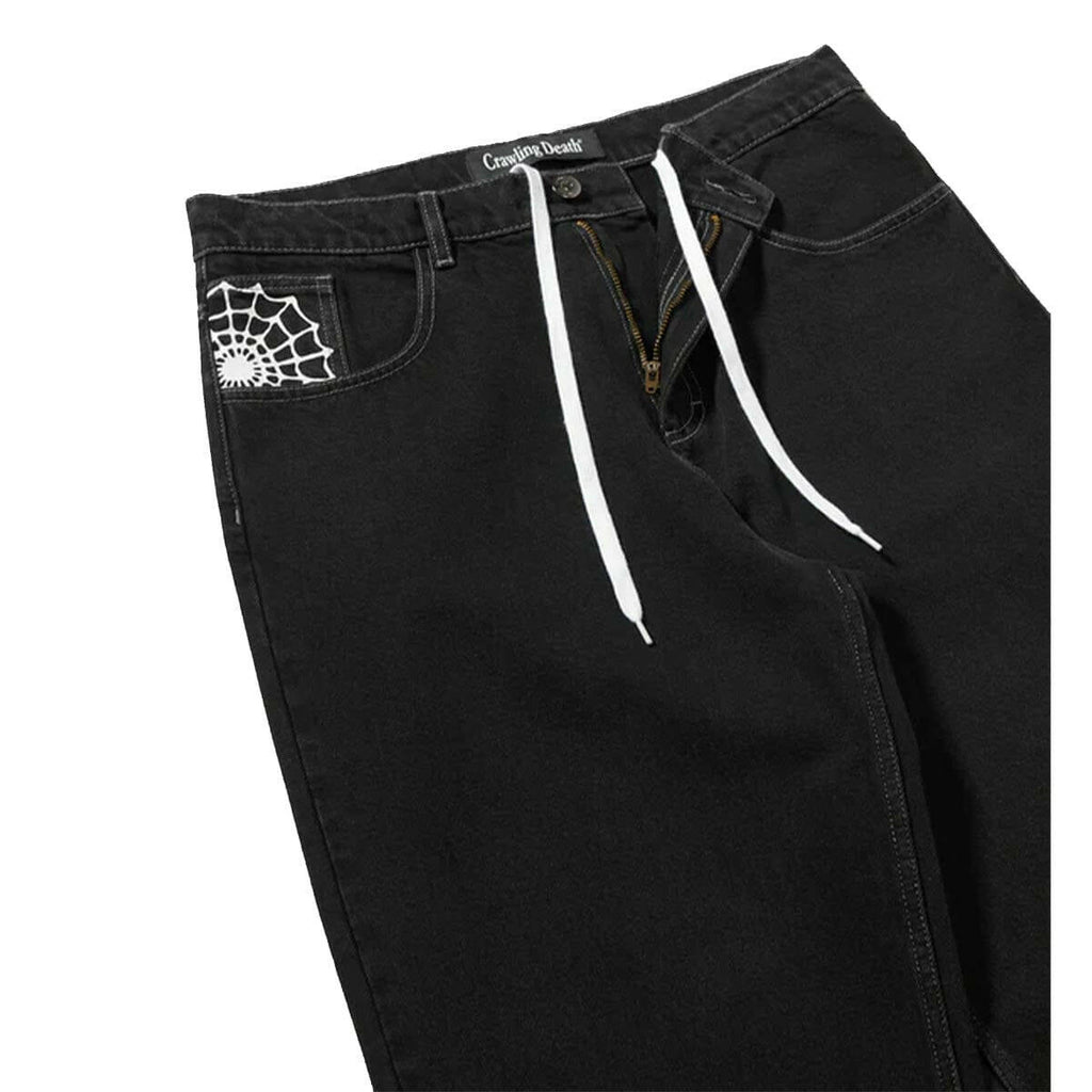 Crawling Death Web Denim Jeans in Washed Black – Shop Now