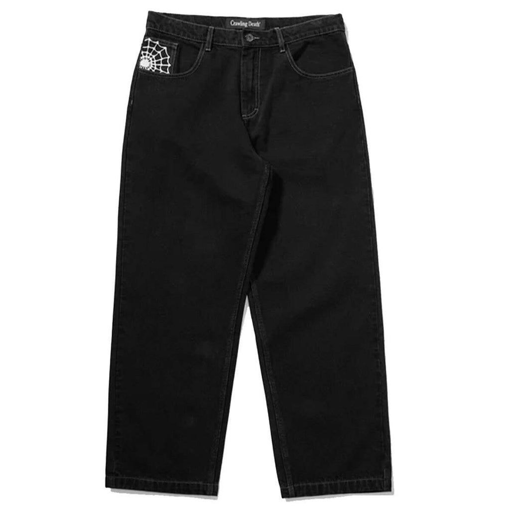 Crawling Death Web Denim Jeans in Washed Black – Shop Now